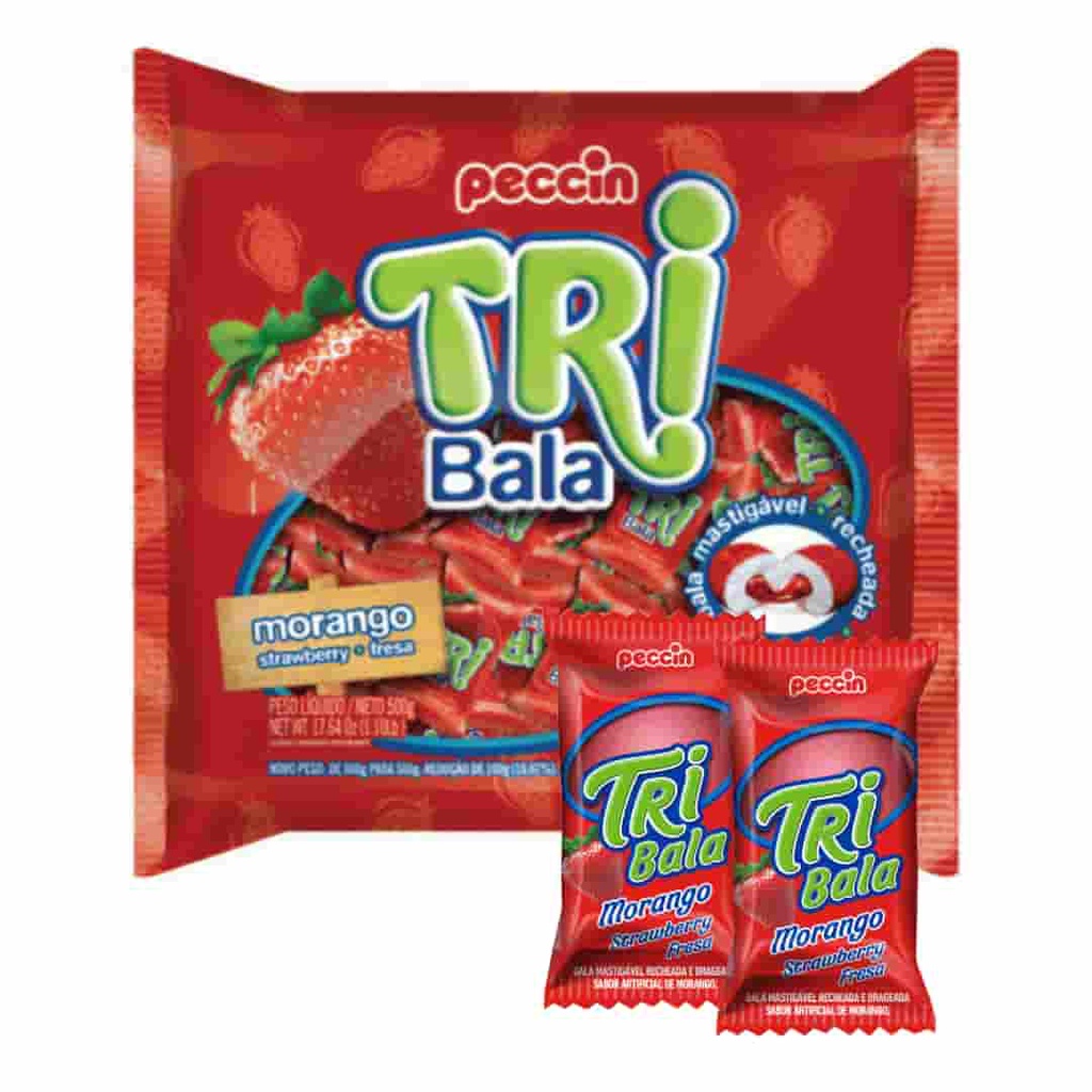 Bala Tribala Recheada Morango 500g Peccin | Shopee Brasil
