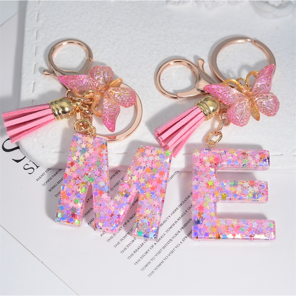 Porta-Chaves Fashion Pink Tassel 26Letters Butterfly Keychain Multi-Color Star Sequin Cheio De ...