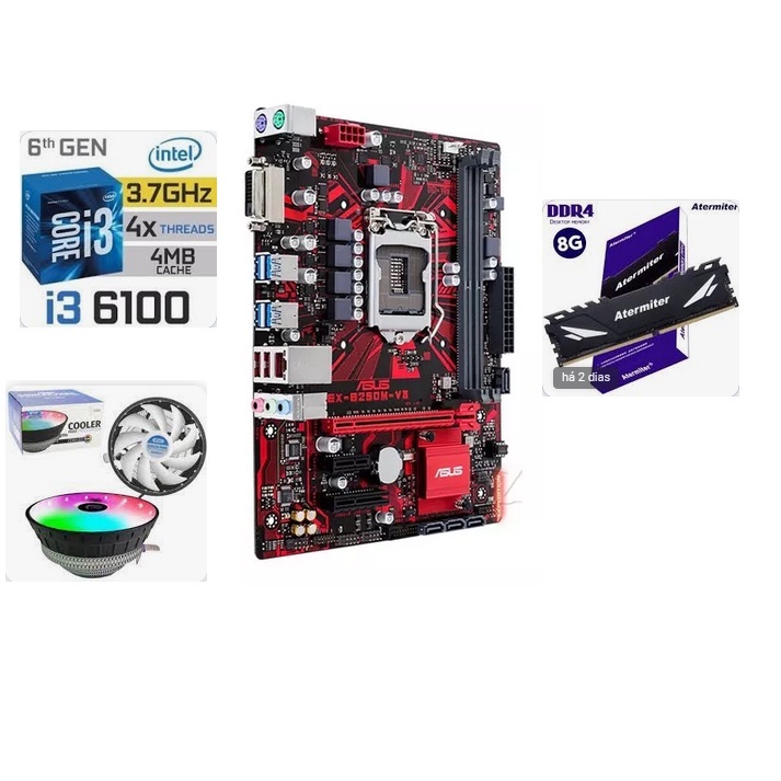 Kit Placa Mãe Asus Ex B250m V3 i3 6100 Lga 1151 Ddr4 Usb 3.0 B250 8Gb ...