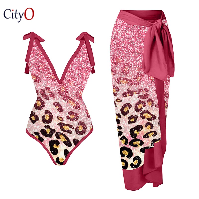 Biquini Maio Feminino De Praia Com Saida Aminal Estampado Adulto Preto Elegante Oncinha Rosa