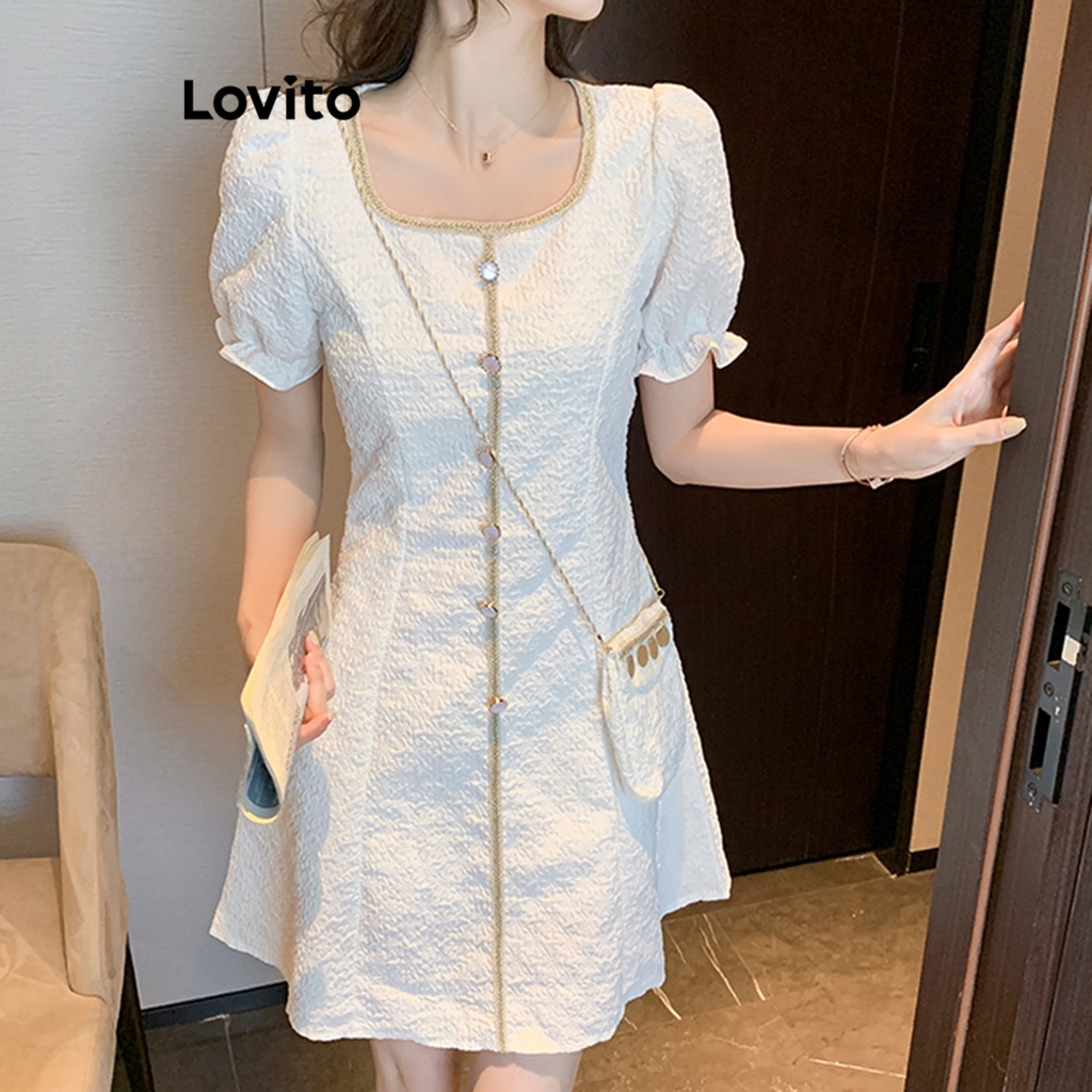 Lovito Vestido Casual De Manga Bufante Com Botões E Contraste Simples