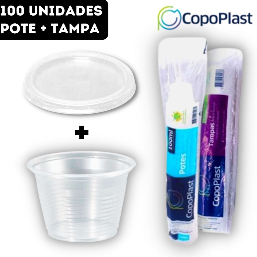 Kit Pote 100ml Copoplast Redondo Estriado + Tampa T-100 Copoplast Molho Maionese Sobremesa - pct ...