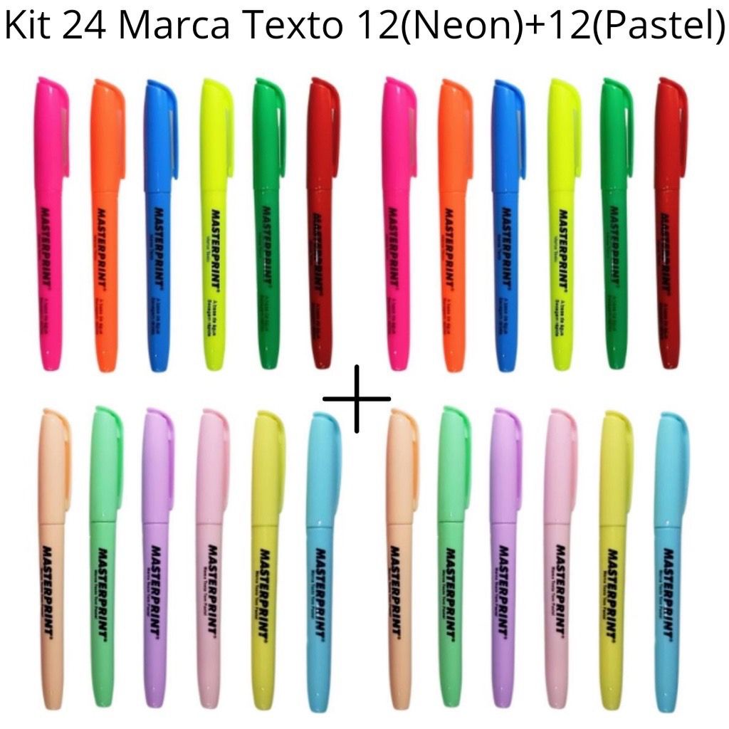 Kit 24 Marca Texto (12 Neon + 12 pastel) Marca textos Masterprint ...