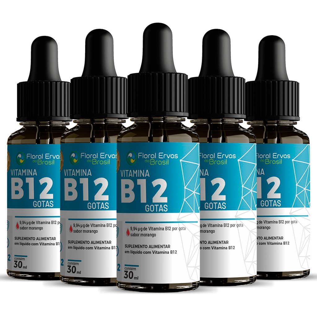 Kit 5 Suplementos VITAMINA B12 Sublingual 30ml Sabor Morango Vitamina B12 Metilcobalamina Gotas ...