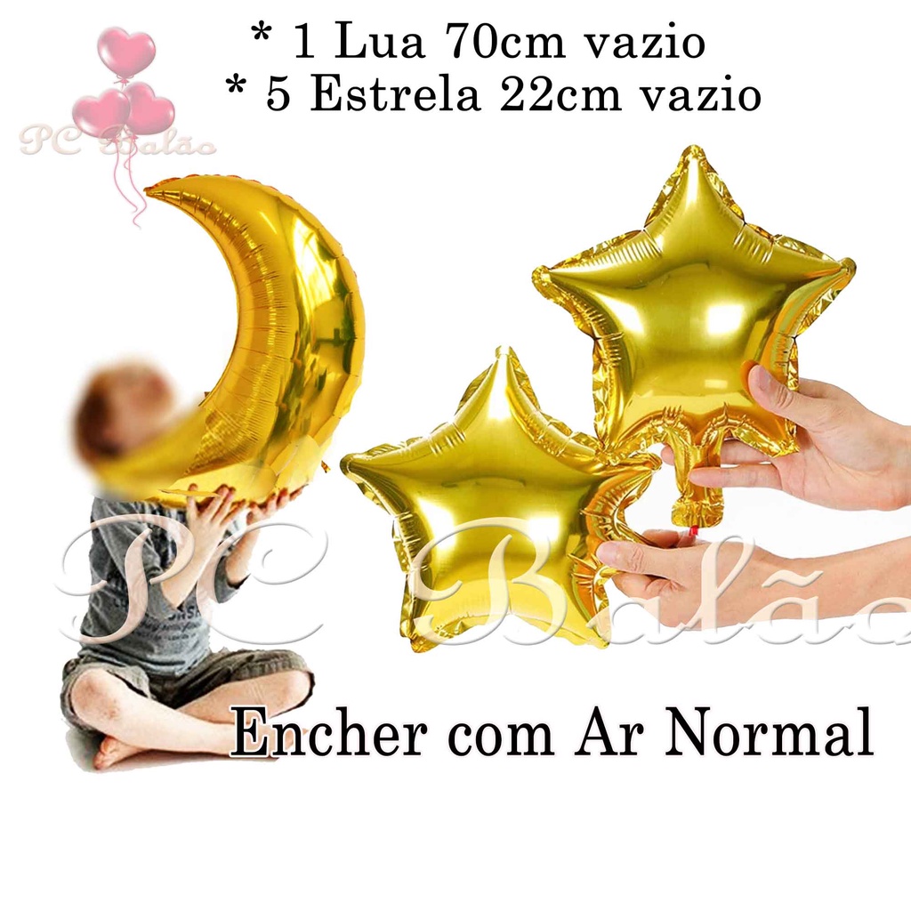 Kit 6 Balão Metalizado 1 Lua 70cm + 5 Estrela 22cm | Shopee Brasil