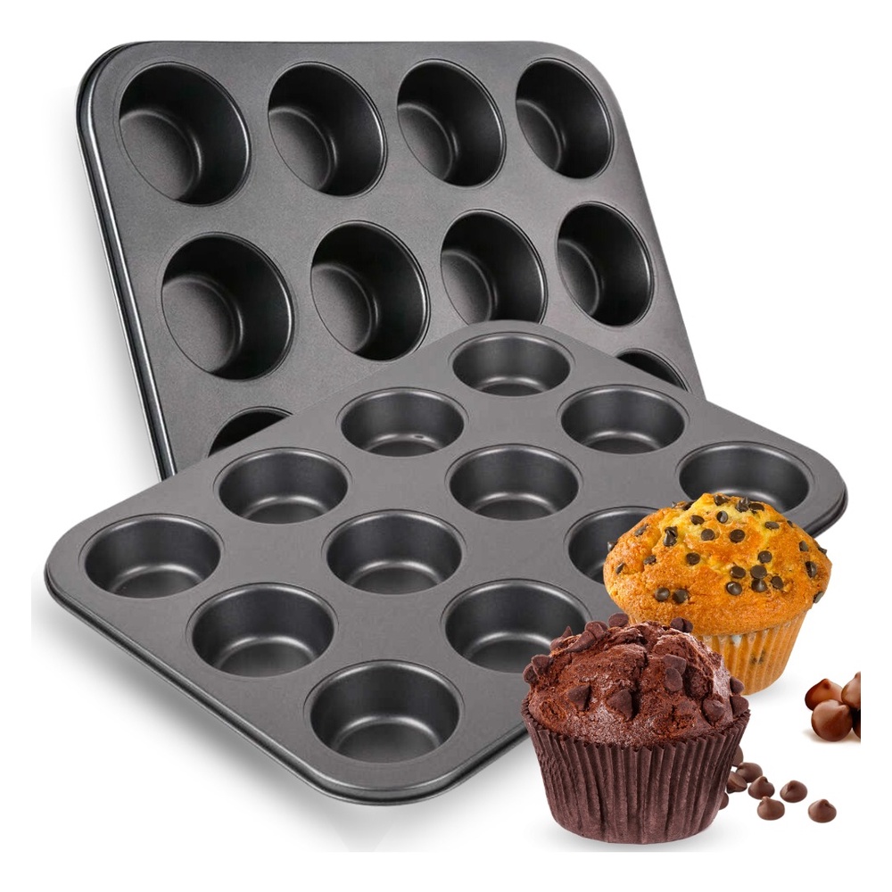 Forma De Cupcake Grande Antiaderente 12 Cavidades Aço Carbono Teflon ...