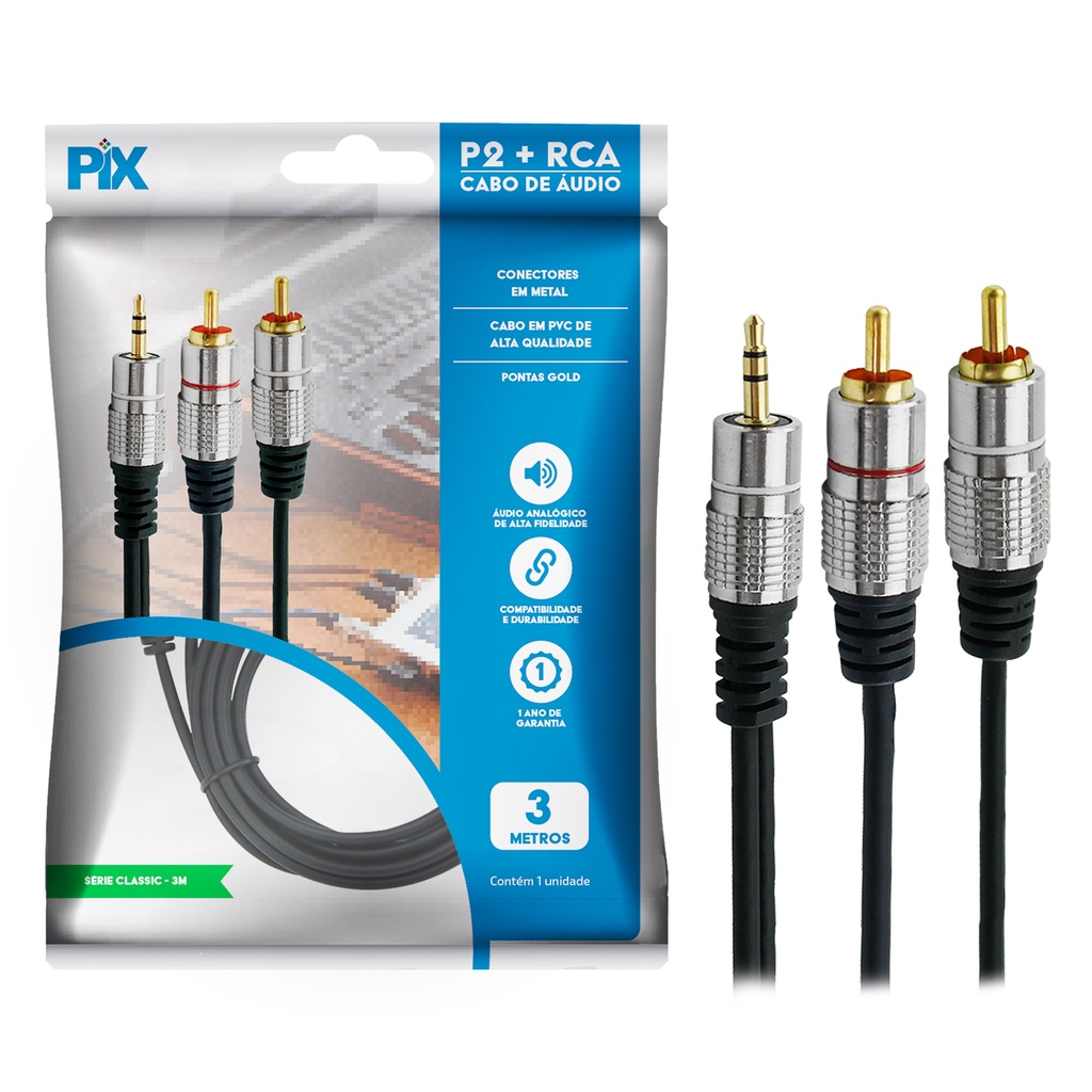 Cabo Profissional De Áudio P2 + 2 Rca Blindado 3 Metros 24k | Shopee Brasil