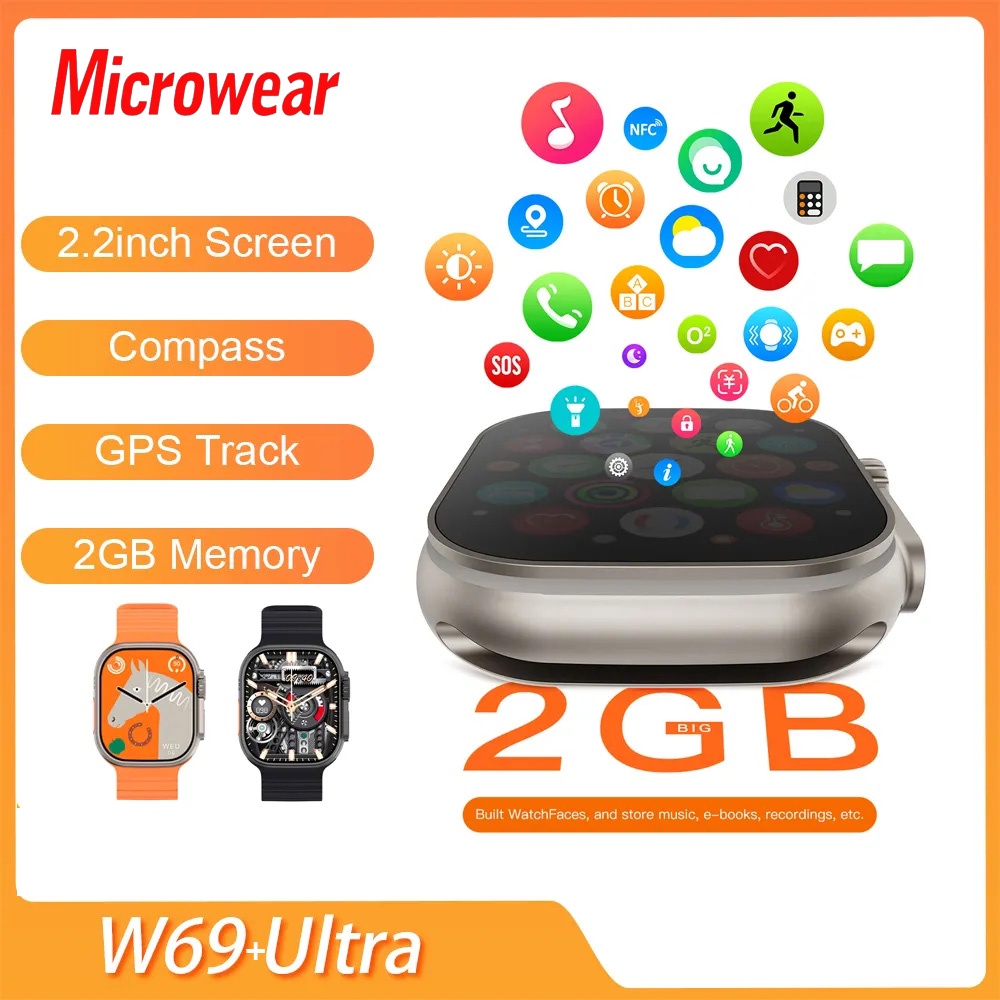 W69 + Ultra AMOLED Smart Watch Men 2GB ROM Música Local 49mm ECG NFC Feel Game Smartwatch Ilha ...