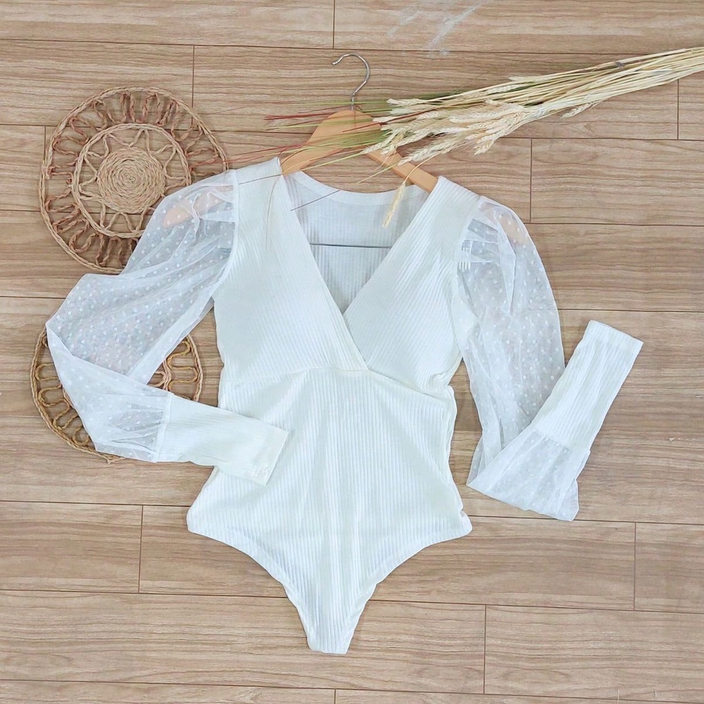 Body Blusa Manga Longa Tule nas Mangas Decote V Branco com Bojo ...