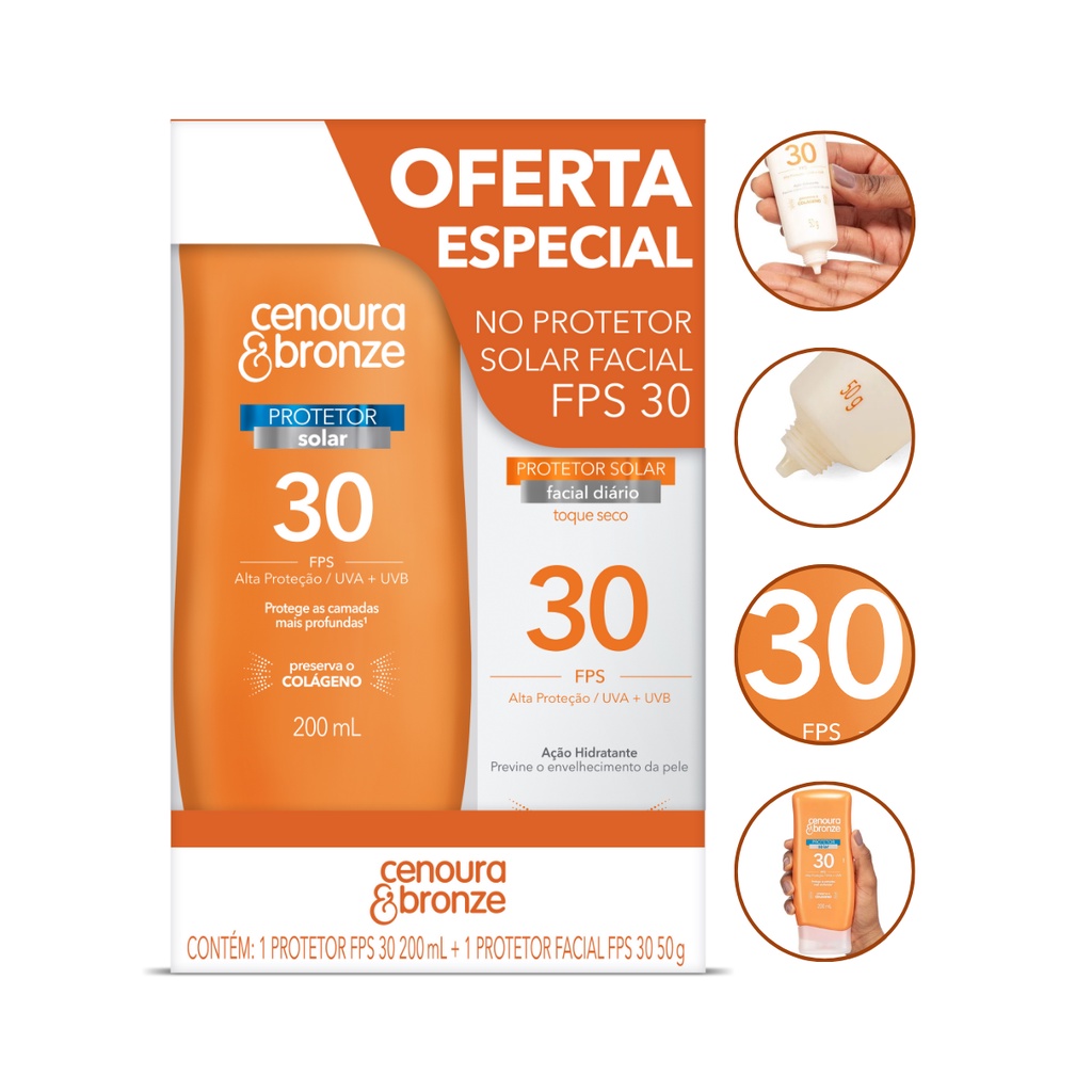 Kit Protetor Solar Corporal Facial FPS30 Cenoura & Bronze - Escorrega o ...