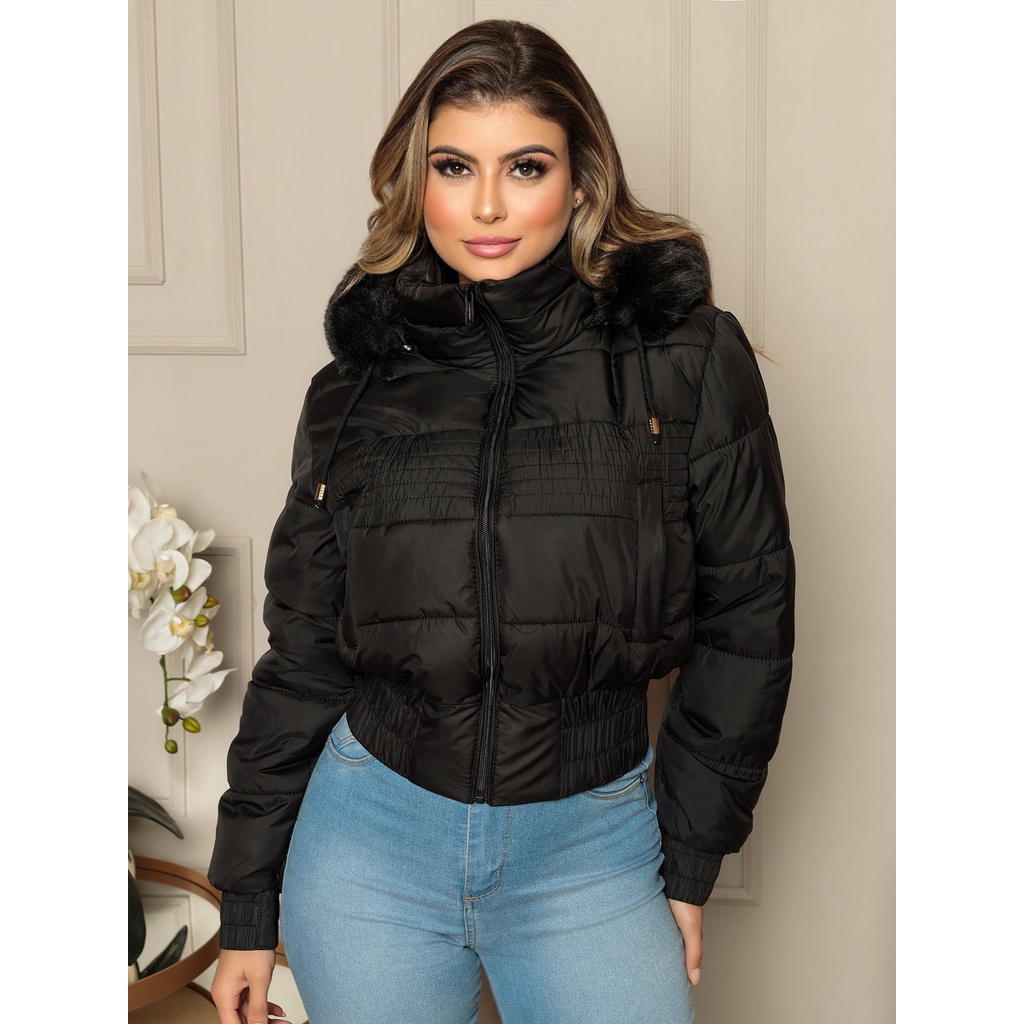 Jaqueta Puffer Forrada Gola Alta e Touca Felpuda Feminina Premium Moda ...