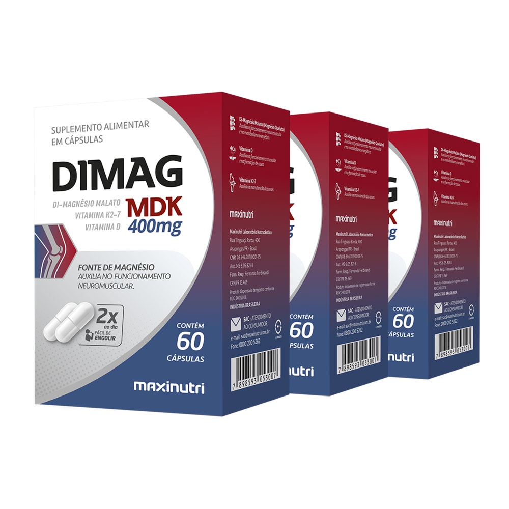 Kit 3 Dimag MDK Di-Magnésio Malato Vitamina D3 e K2-7 60 Cáps Maxinutri ...