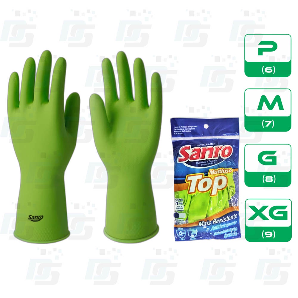 Luva Latex Limpeza Multiuso Sanro Top Verde Mais Resistente P M G XG ...