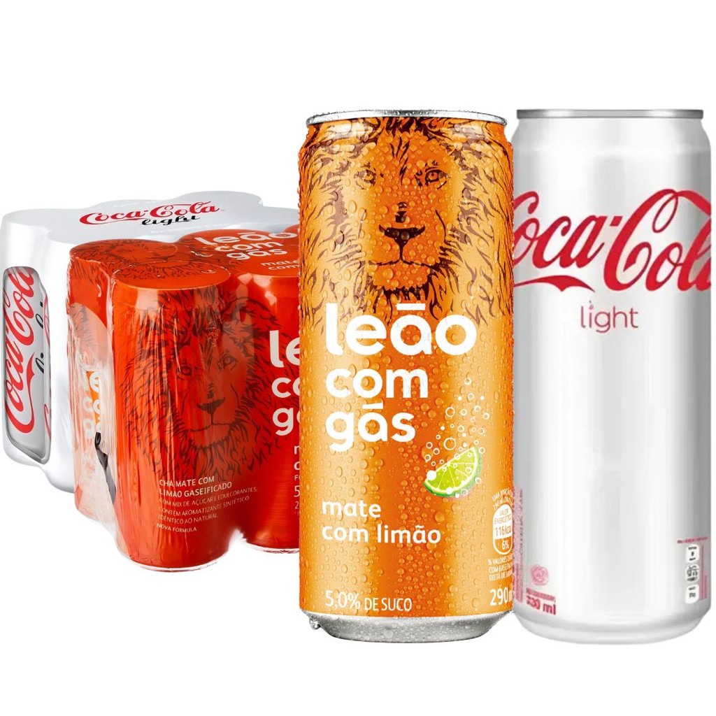 Kit 6un Chá Leão com Gás Mate Limão lata 290ml Aroma Natural + 6un Coca ...