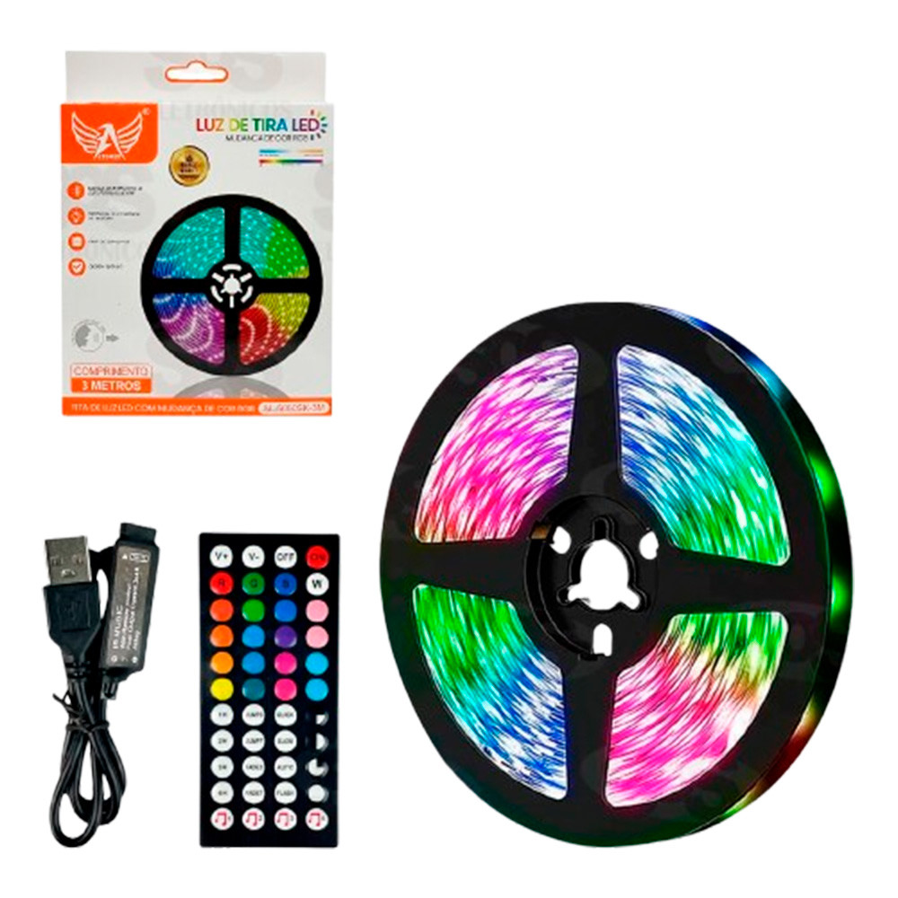 Fita LED Colorida 3 Metros Controle AL-5050SK-3M Eletromex | Shopee Brasil