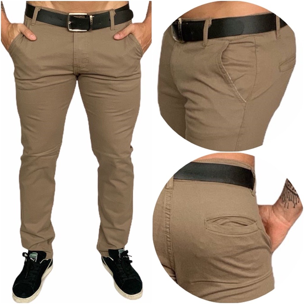 Calça Chino Slim Sarja Masculina Bege nova coleção 2025 | Shopee Brasil