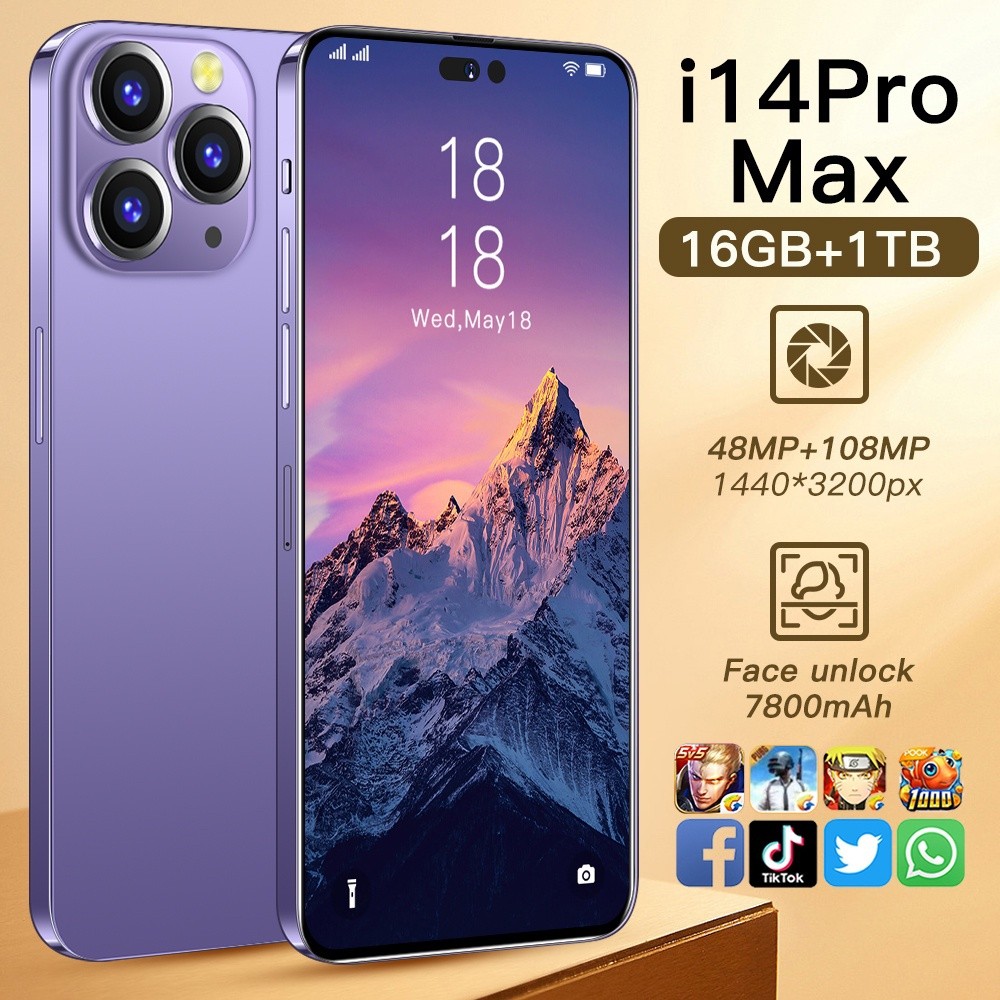 I14 Pro Max 4G 5G Smartphone Face ID 6.8 Polegadas 7800Mah HD Tela Rede ...