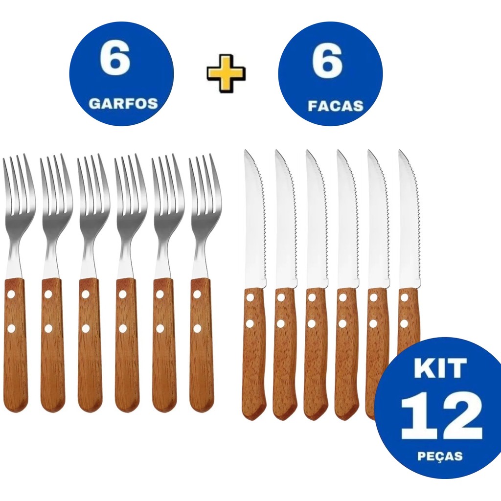 Kit 12 Peças Jogo de Talher 6 Garfos 6 Facas de Inox com Cabo de ...