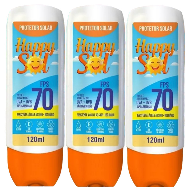 KIT COM 3 PROTETOR SOLAR HAPPY SOL 70 FPS 120 ML | Shopee Brasil
