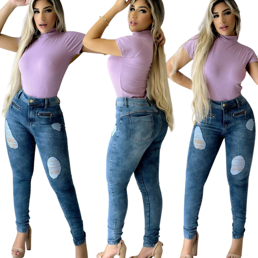 Calça Jeans Feminina Detonada com Lycra e Zíper Modelo Blogueira ...