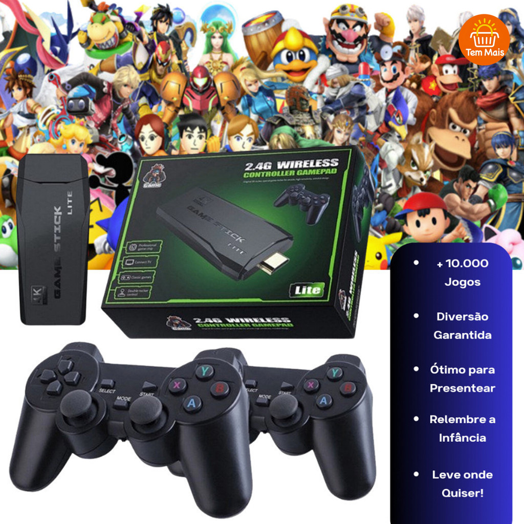 Sem fio, portátil, original. Controle retrô: 10 mil jogos, 4K ...
