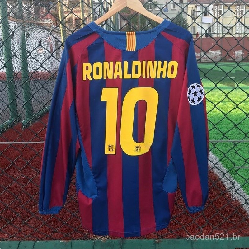 Camiseta Retrô 2005-2006 10 # RONALDINHO Camisa De Manga Comprida ...