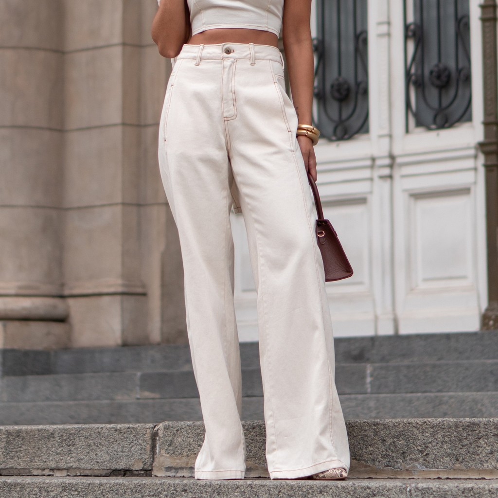 Calça Wide Leg Slim Cintura Alta Feminina Jeans Pantalona Moda Bolsos ...