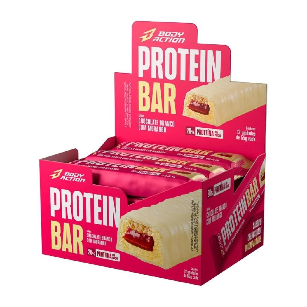 Protein Bar (Display 12 unid 55g) - Sabor: Chocolate Branco c/ Morango ...