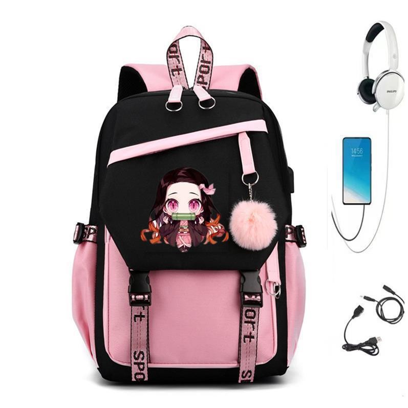 HJ Backpack Demon Slayer nezuko USB Carregamento Demônios Escolares ...