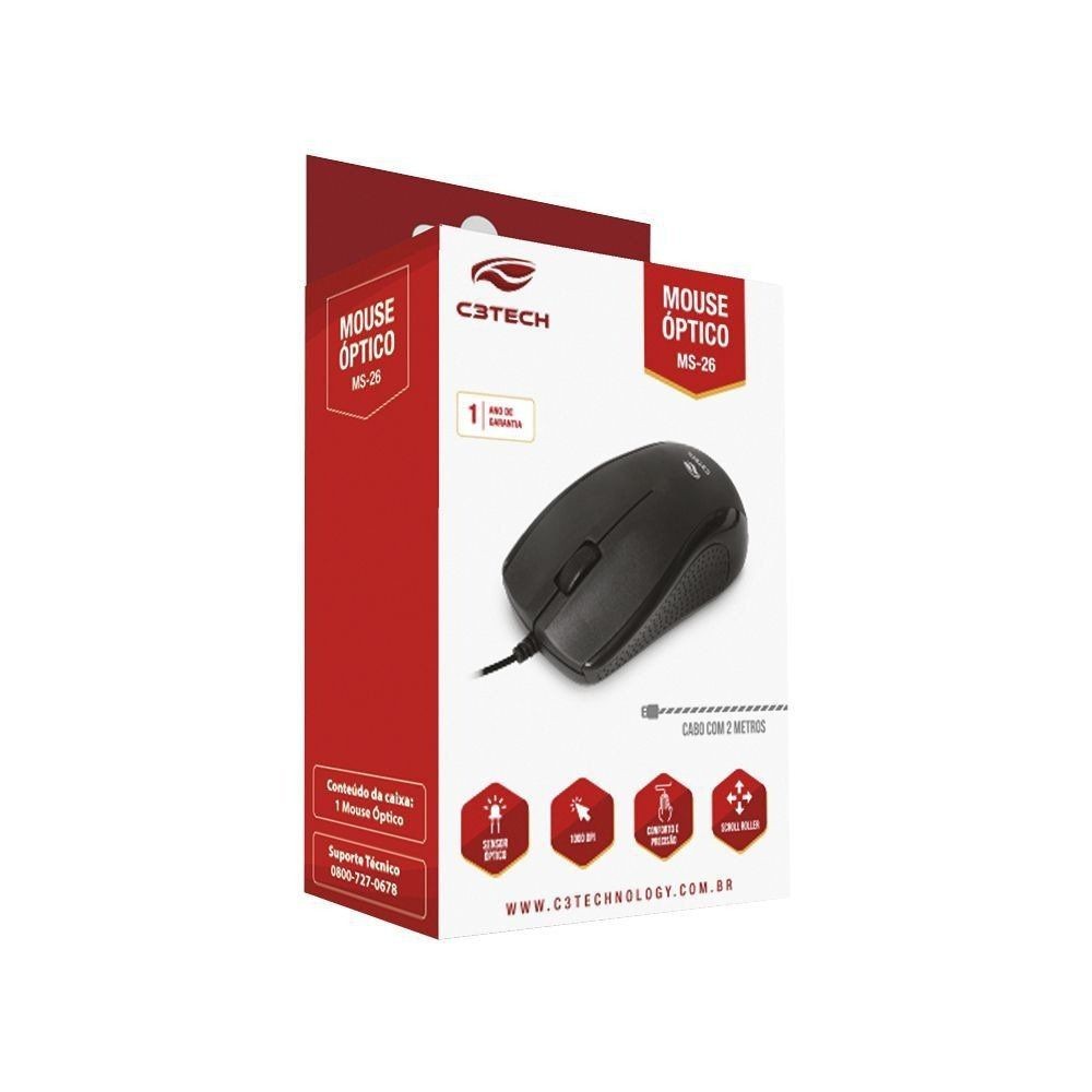 Mouse C3 Tech 1000dpi Preto cabo 2 metros Ms-26bk | Shopee Brasil