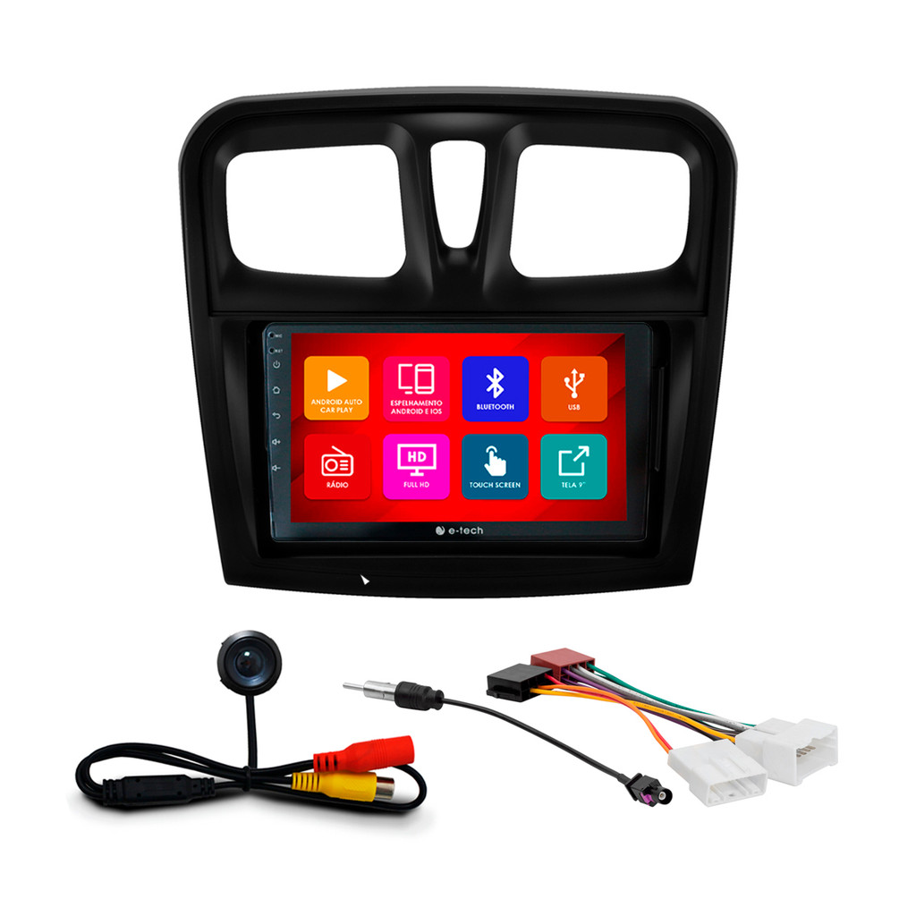 Kit Multimídia 9 Pol Sandero Logan 2015 2016 2017 2018 Android Auto CarPlay Qa+ 2 Din Preto ...