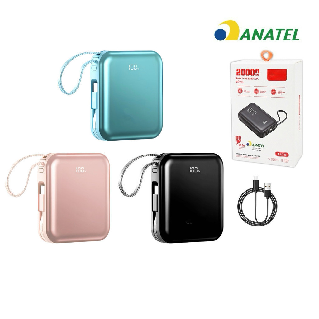 Mini power bank portátil 20.000 mAh com IOS e cabo Tipo C | Shopee Brasil