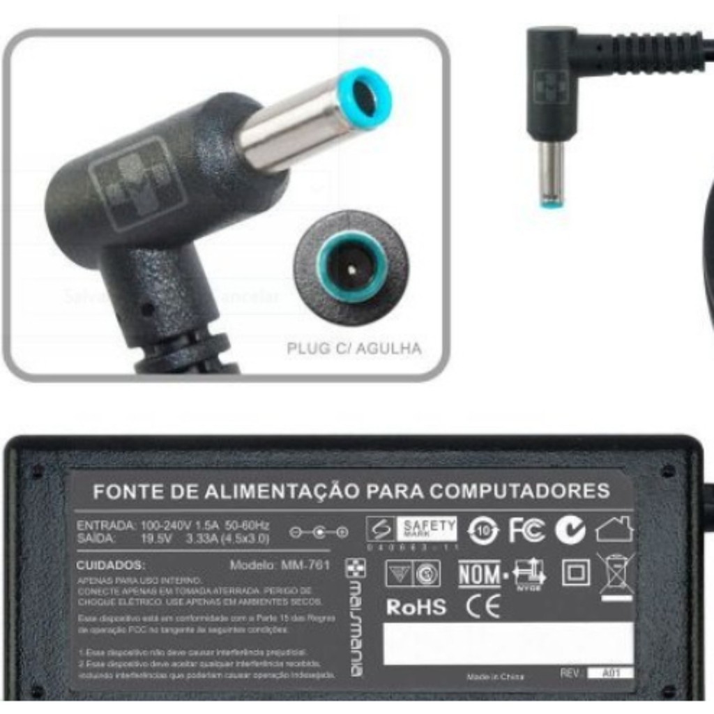 Fonte Carregador Compativel Notebook Ultrabook Hp 19.5v 3.33 65w Pino ...