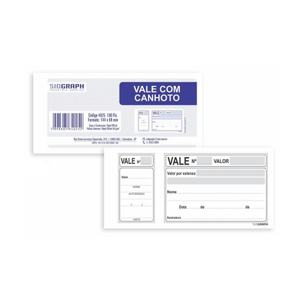 Bloco de Vale com Canhoto Sidgraph 144x69mm 100 folhas - 20 Unidades | Shopee Brasil