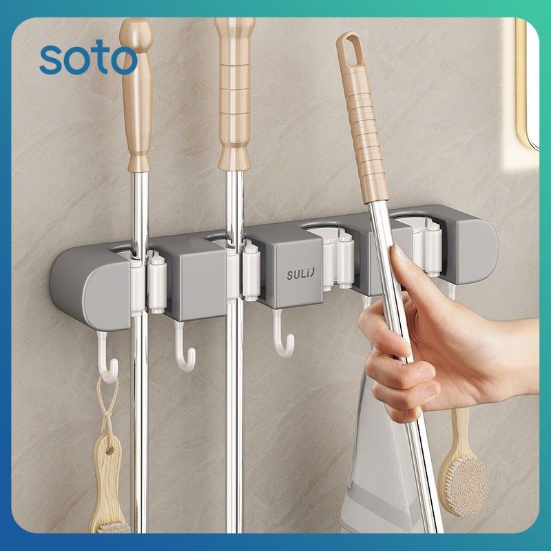 SOTO Wall Mounted Mop Holder Broom Mop Storage Shelf Rack With Hooks No ...