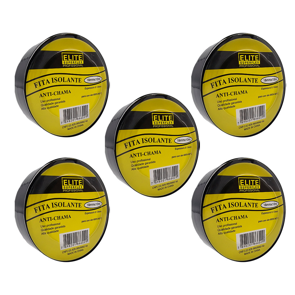 Kit 5 Unidades Fita Isolante 10 metros 18mm Elite Antichama | Shopee Brasil
