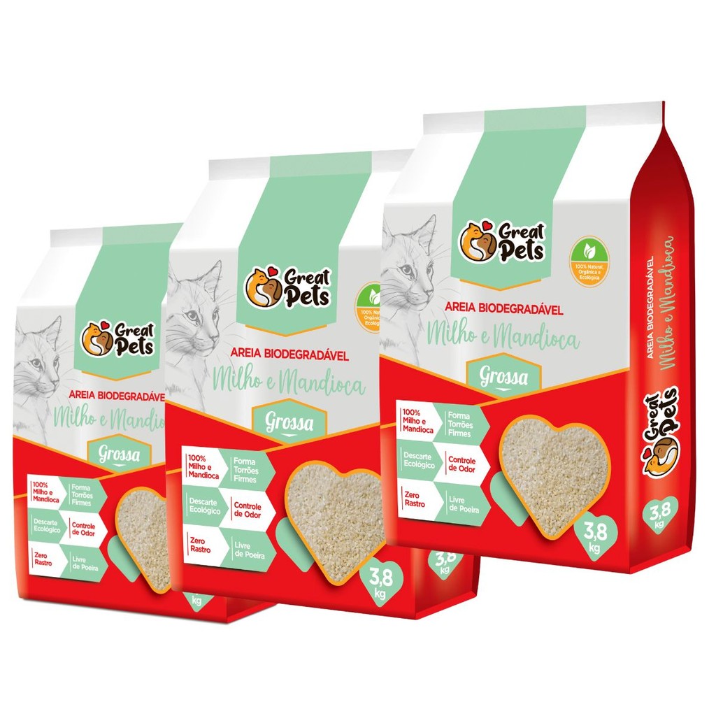 Kit 3 Areia Higiênica Biodegradável Para Gatos Great Pets Grossa 2kg | Shopee Brasil