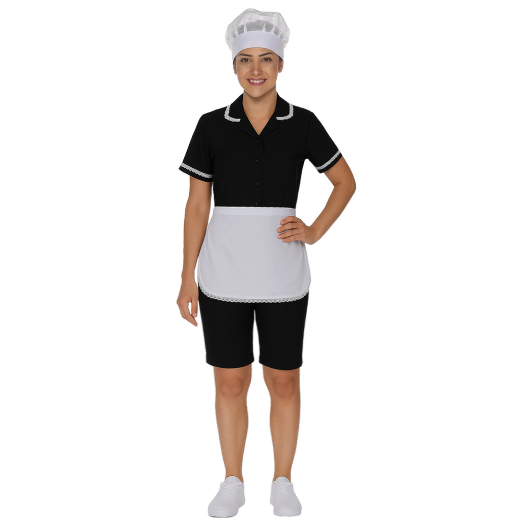 Conjunto copeira camisete + bermuda + avental e touca | Shopee Brasil