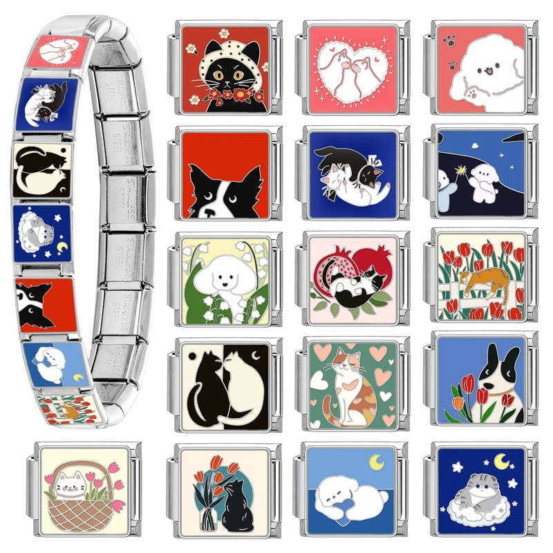 Moda Feminina Masculina Cor Y2k Pet Gato Amor Flor Italiano Charme Link ...