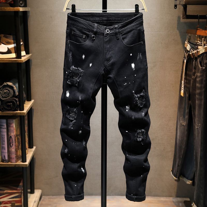 Preto rasgado Jeans masculino Street Wear mendigo remendo quente ...