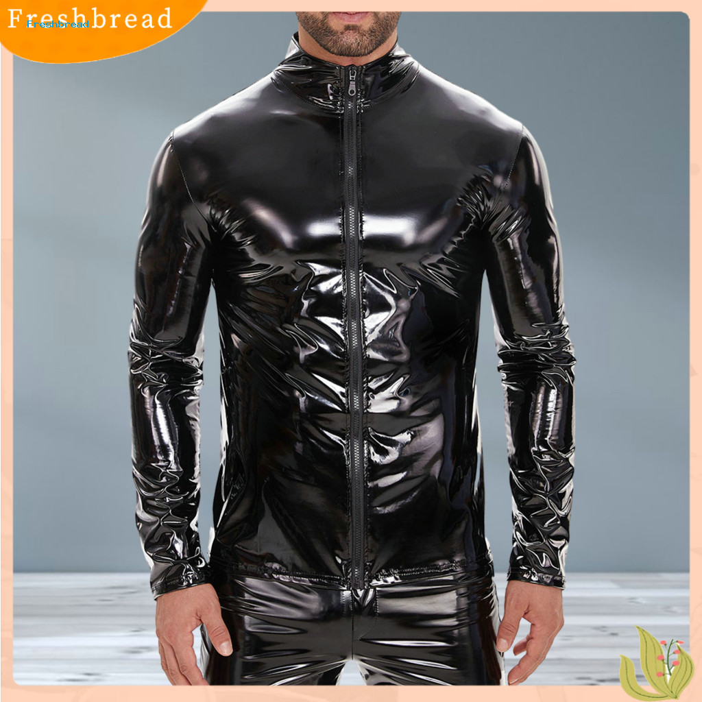 Zipper Opening Jacket Men High-gloss Faux Leather Stylish Men's with ...