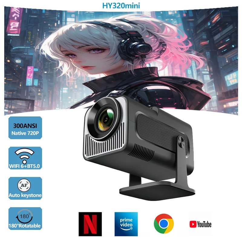 Projetor 4K Android11 300ANSI HY320 Mini Nativo 720P Wifi6 BT5.0 180 ° Giratório De Home theater ...
