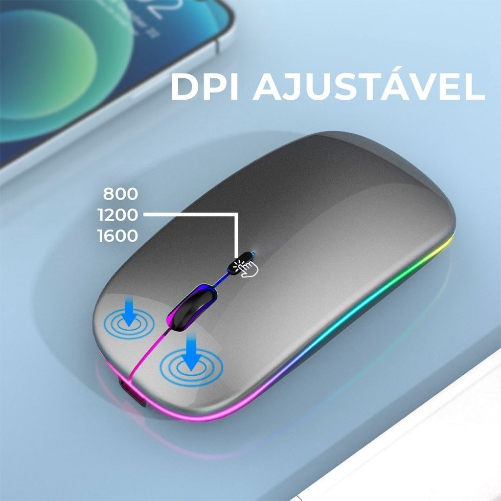 Mouse Sem Fio Recarregável Led RGB Clique Silencioso 2.4 Ghz Ergonômico Gamer Home Office ...