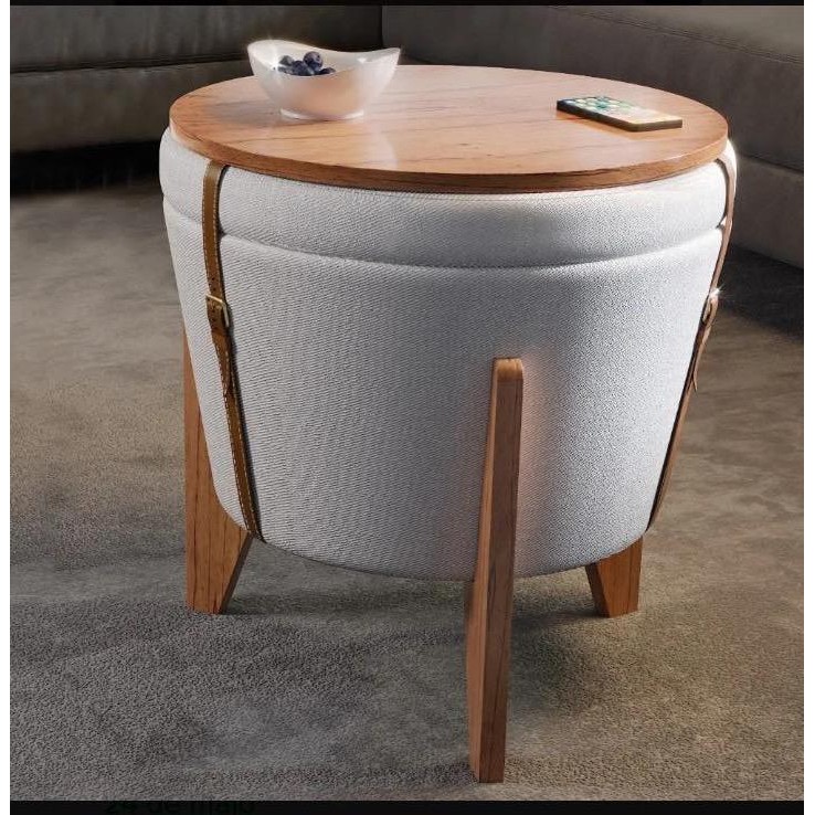 Puff Decorativo Baú Flex Linho Claro Tampo Mesa Pés Madeira Organizador ...
