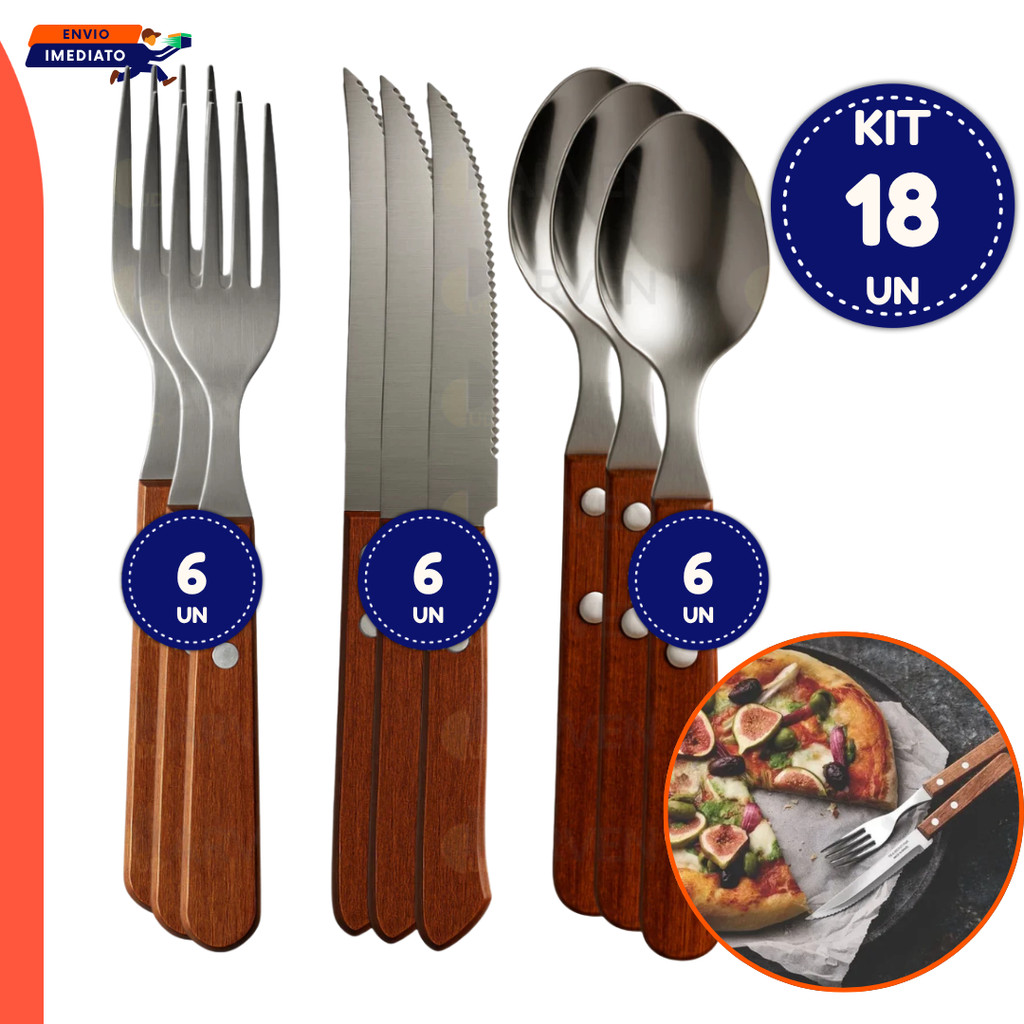 Jogo 18 Talher de Cozinha Inox Cabo de Madeira Garfo Faca Colher de ...