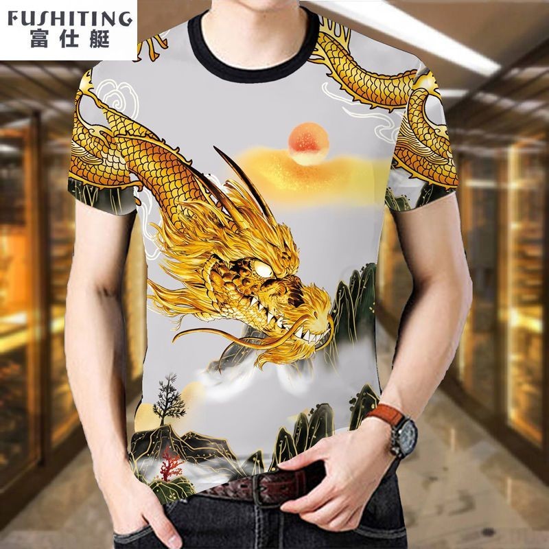 Fushi Masculino 2025 Nova Moda Camiseta De Manga Curta Masculina Na Estilo Chinês Dragão Marca ...