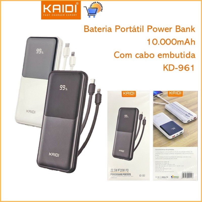 Bateria Portátil Powerbank Turbo 10.000mAh cabo embutido KAIDI KNC-961 ...