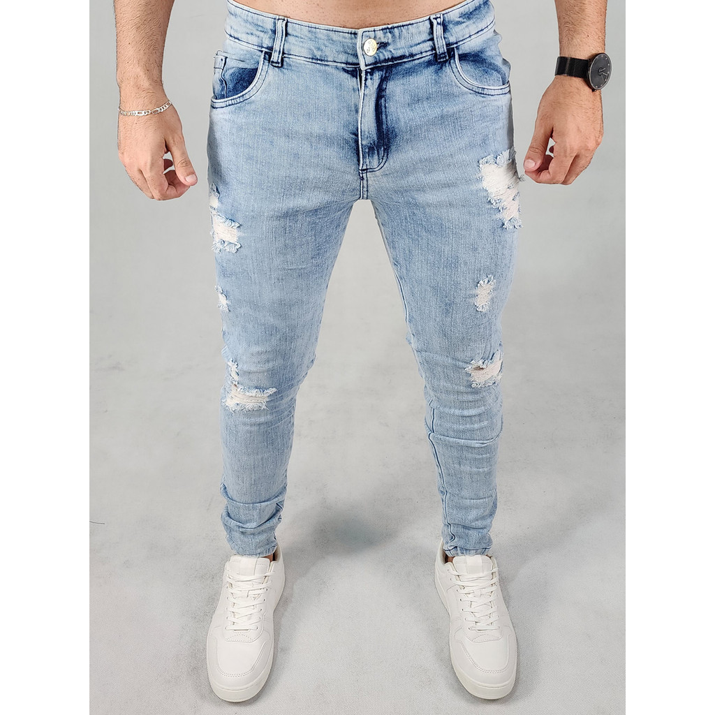 Calça Jeans Masculina Skinny Rasgada Premium Lycra Lançamento Azul Aço ...
