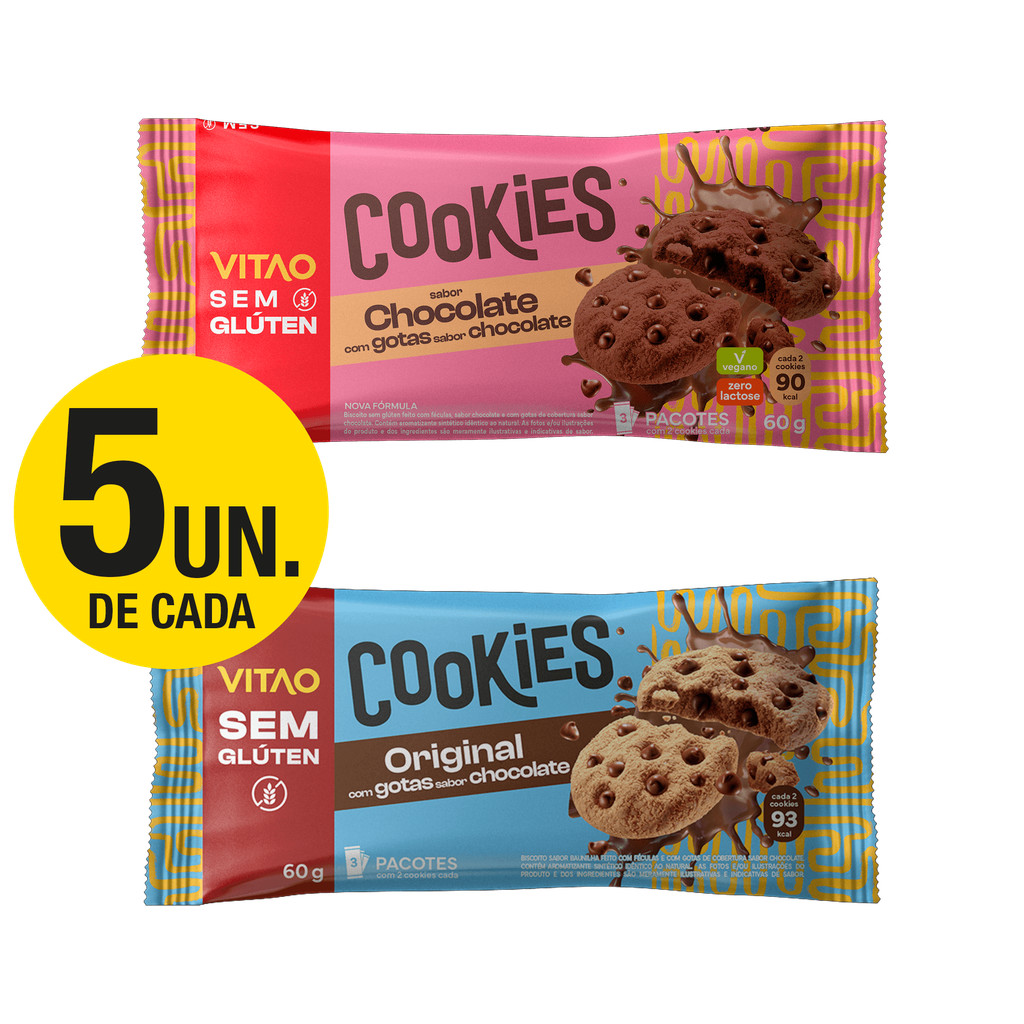 Kit 10 Un. | 5 Un. Cookies Chocolate Sem Glúten Vitao 60G + 5 Un ...