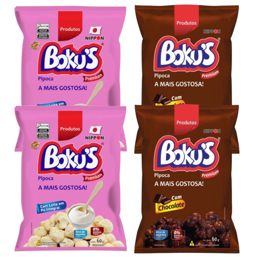 Kit 4 Pipoca Bokus Premium Sabor Chocolate e Leite em Pó Integral 60g ...